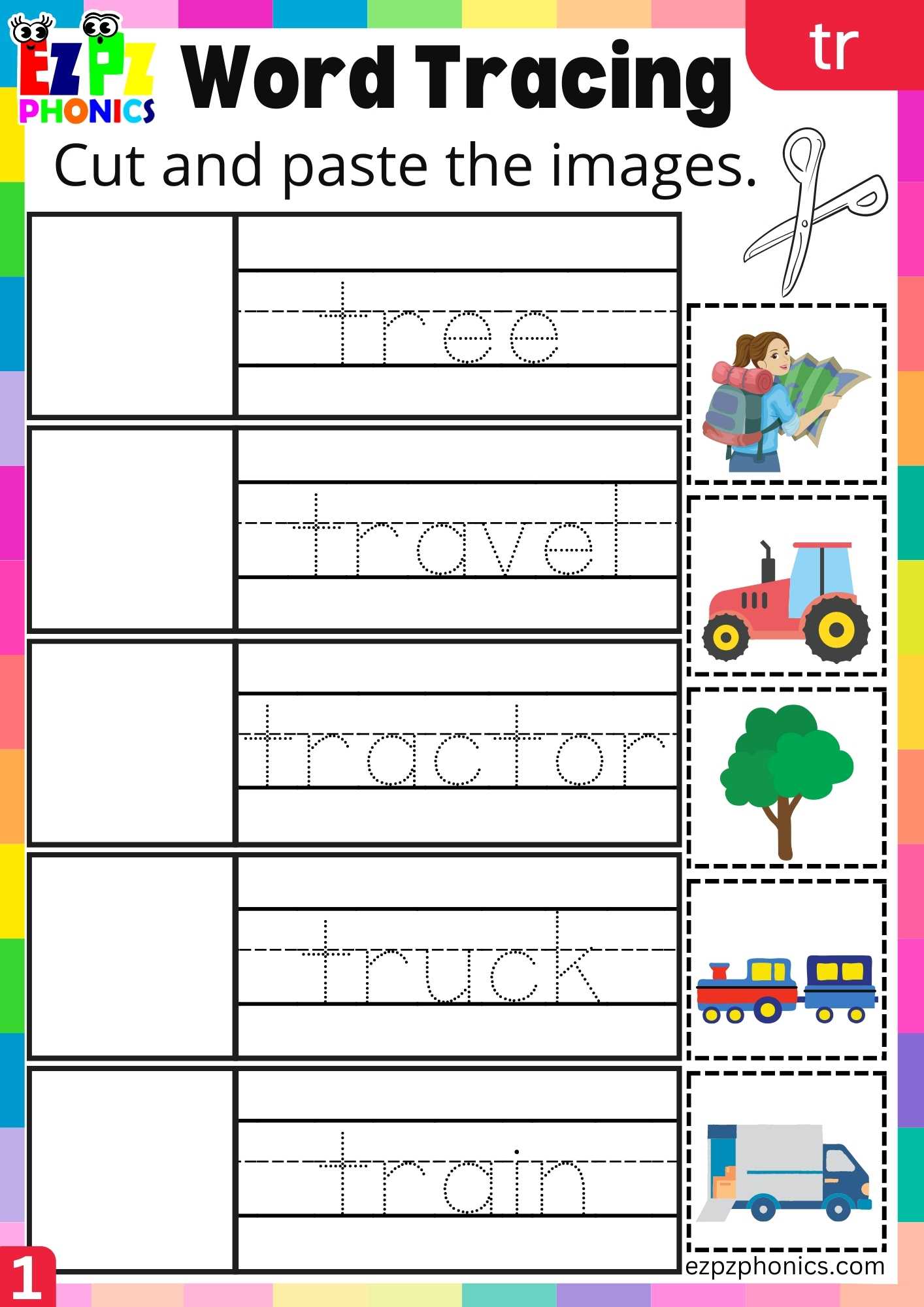 Group1 TR Words Cut And Paste The Images Phonics Consonant Blends Worksheet - ezpzphonics.com
